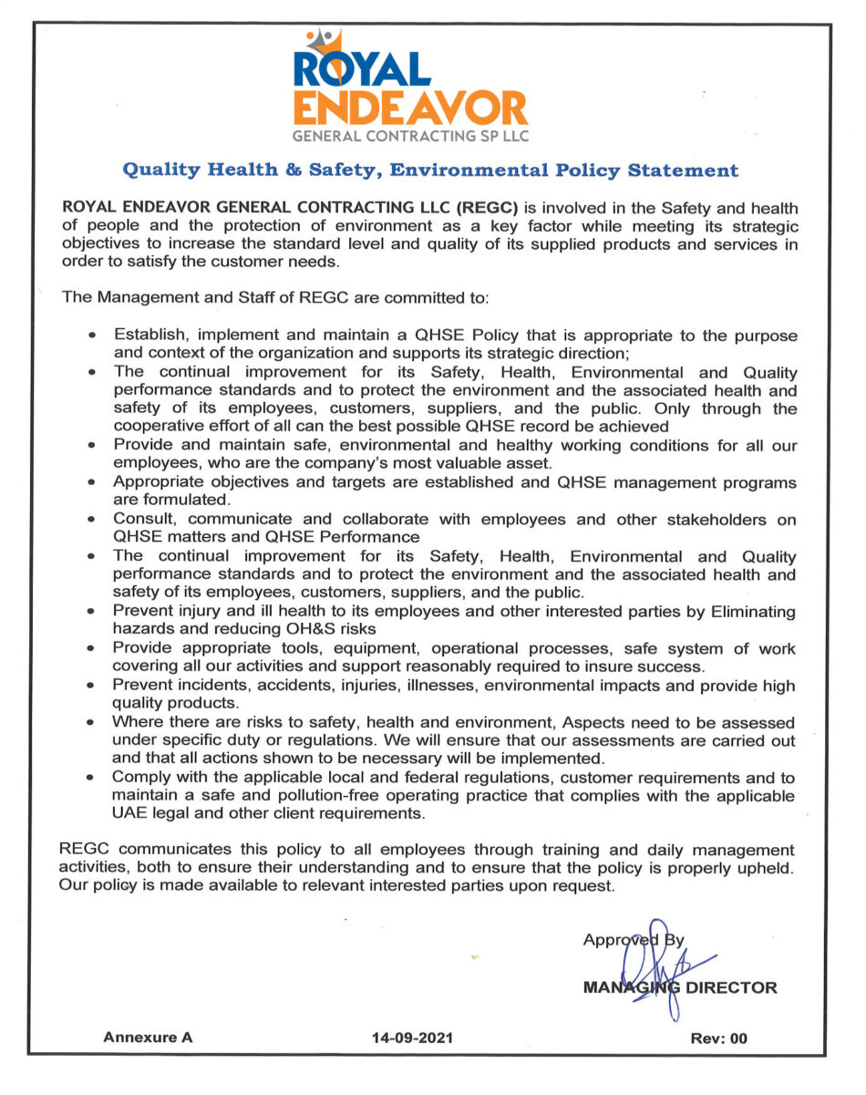 QHSE Policy – Royal Endeavor General Contracting LLC | Abu Dhabi | UAE